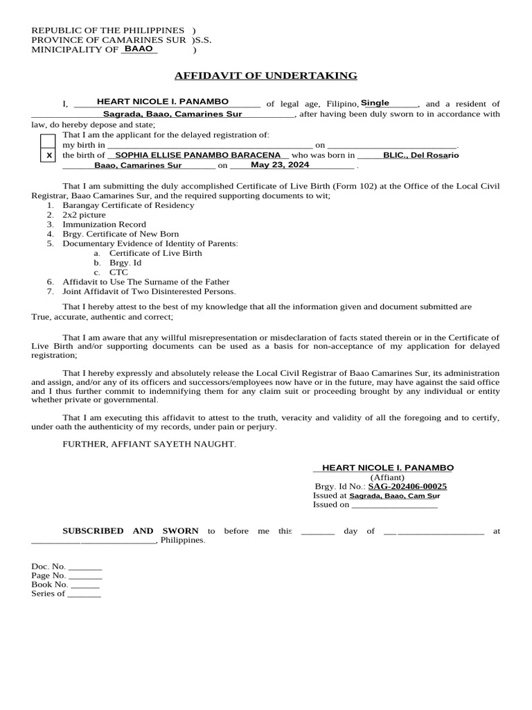 Affidavit of Undertaking | PDF | Affidavit | Legal Procedure