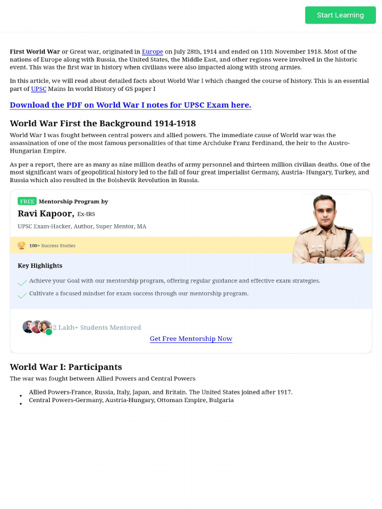 First World War of 1914-1918. Detailed History Notes For UPSC | PDF