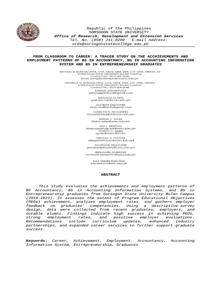 ABSTRACT TRACER STUDY FOR BSA BSAIS AND ENTREP - BONGALONTA | PDF