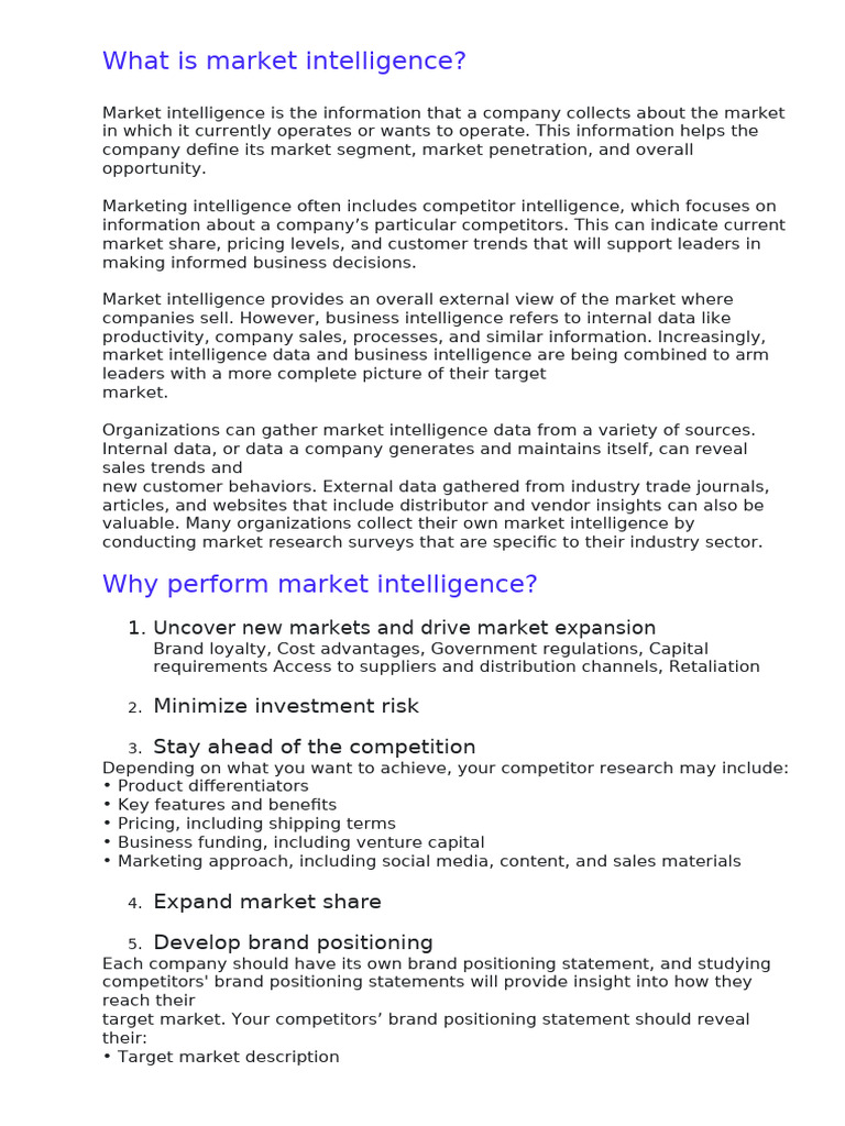 What is market intelligence | PDF | Marketing | Market Segmentation