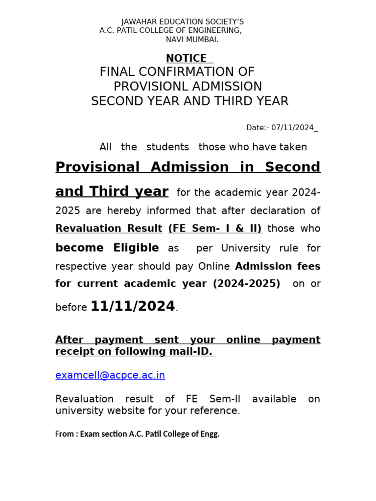 New - Confirmation of Provisional Admission Notice | PDF