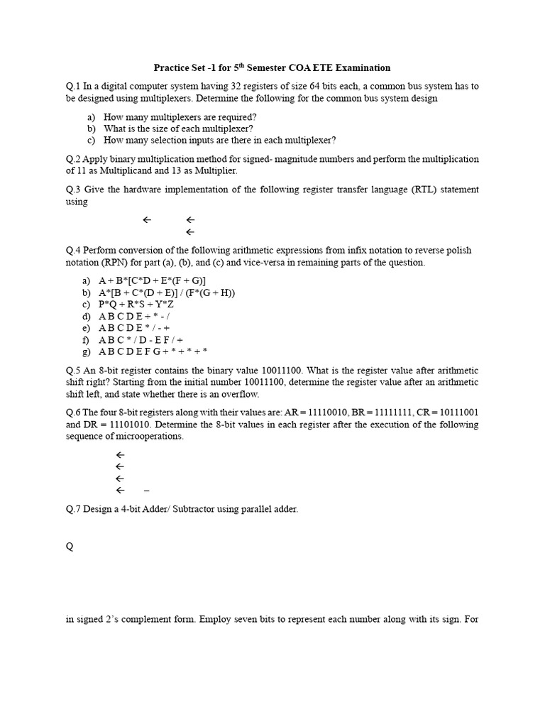 5sem COA ETE Practice Questions Set 1 | PDF | Multiplication | Computer ...