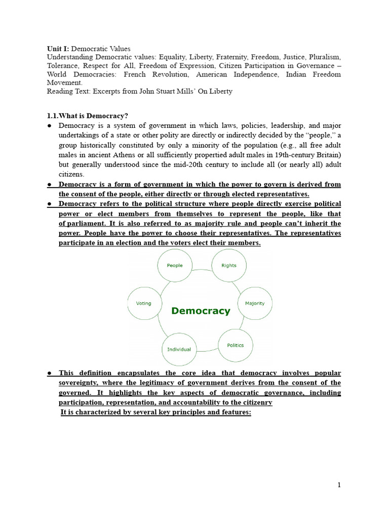 Unit I-Democratic Values.docx | PDF | Democracy | Political Ideologies