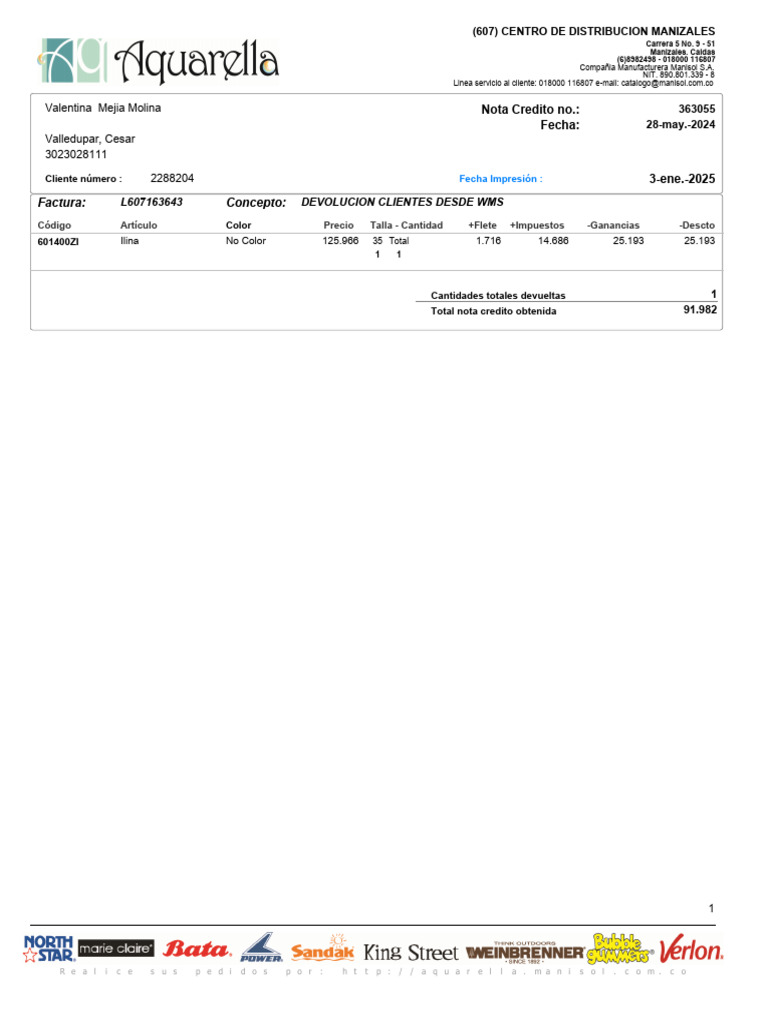 Nota de Crédito Cliente Manisol | PDF