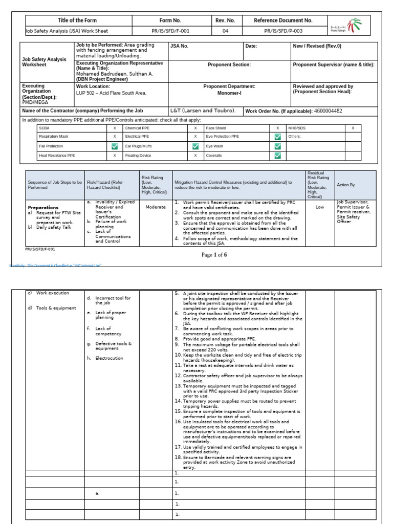 Job Safety Analysis for Area Grading | PDF | Personal Protective ...