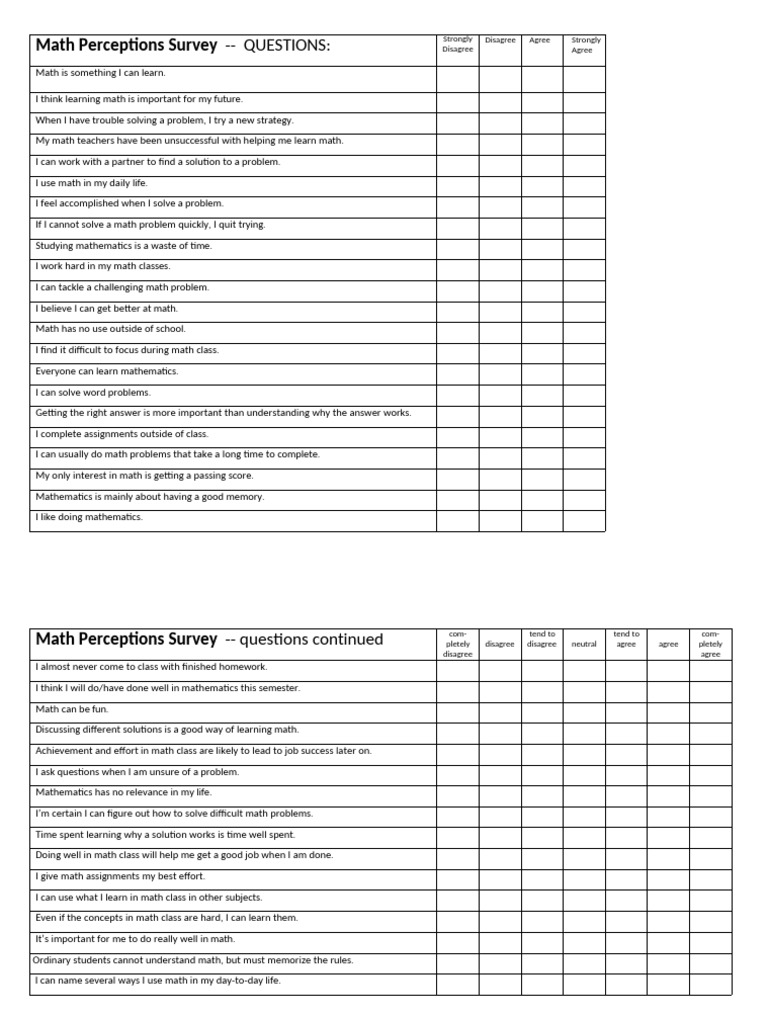 Math Perceptions Survey Questions | PDF | Mathematics | Cognition