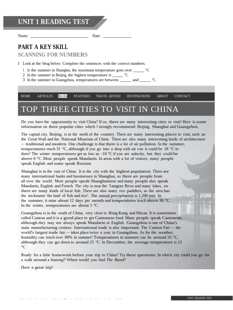 Unlock 2e RW2 Tests - Unit 01 | PDF | Shanghai | Beijing