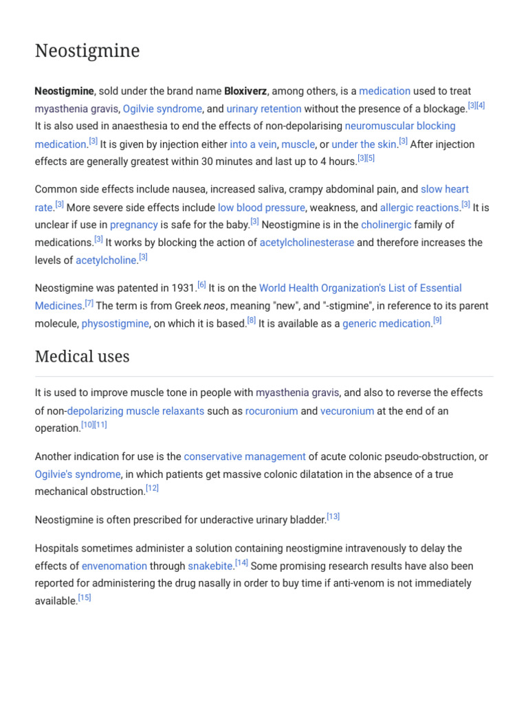 Neostigmine - Wikipedia | PDF | Pharmacology | Drugs Acting On The ...
