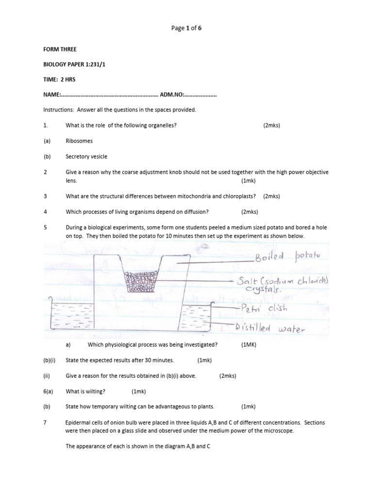 Form 3 Biology Paper 1 Questions | PDF | Leaf | Cell (Biology)