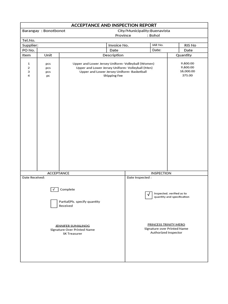 INSPECTION AND ACCEPTANCE REPORT Autosaved | PDF