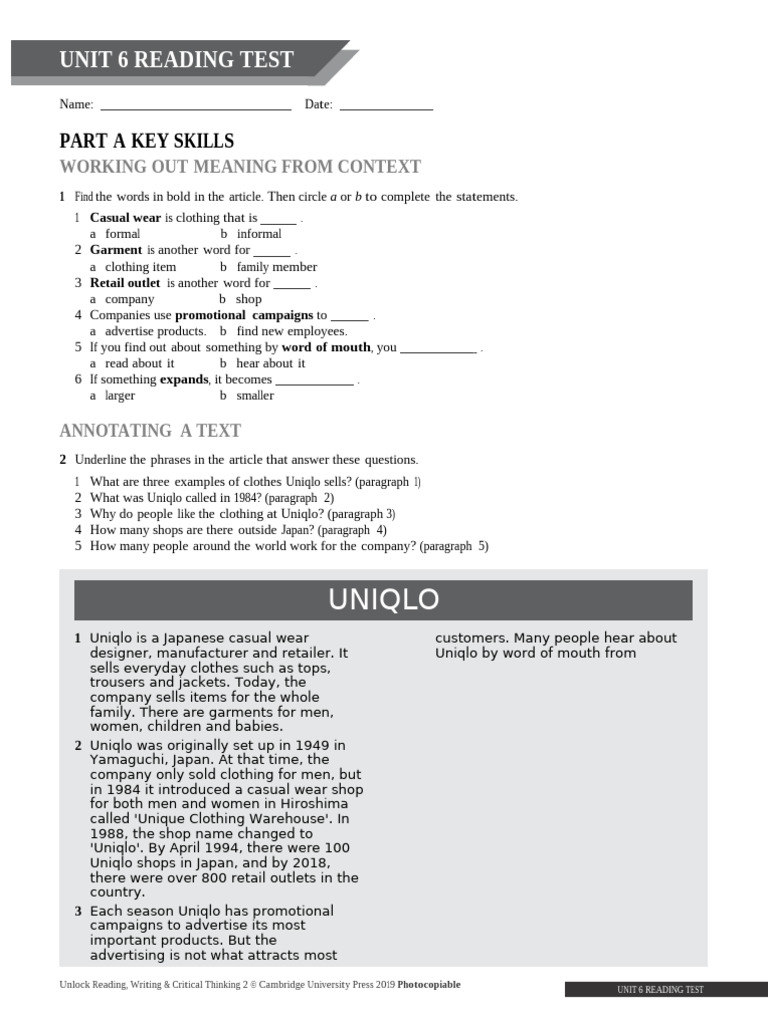 Unlock 2e RW2 Tests_Unit 06 | PDF | Clothing | Linguistics Unlock 2e RW2 Tests_Unit 06 | PDF | Clothing | Linguistics