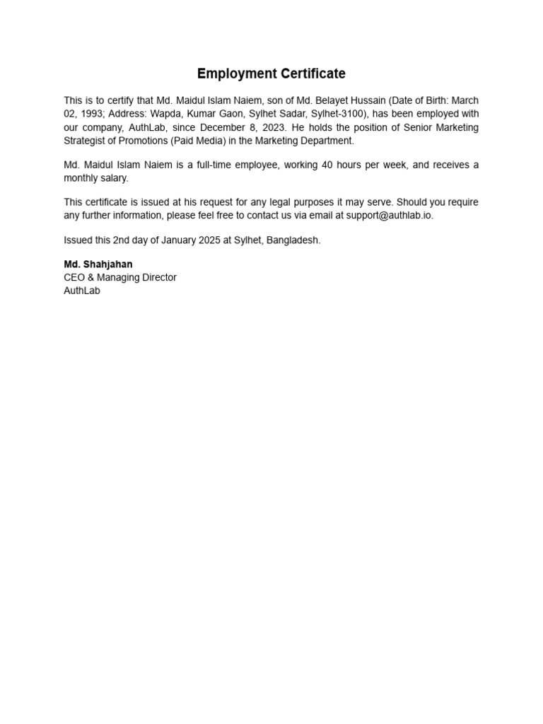 Employment Certificate for Md. Naiem | PDF