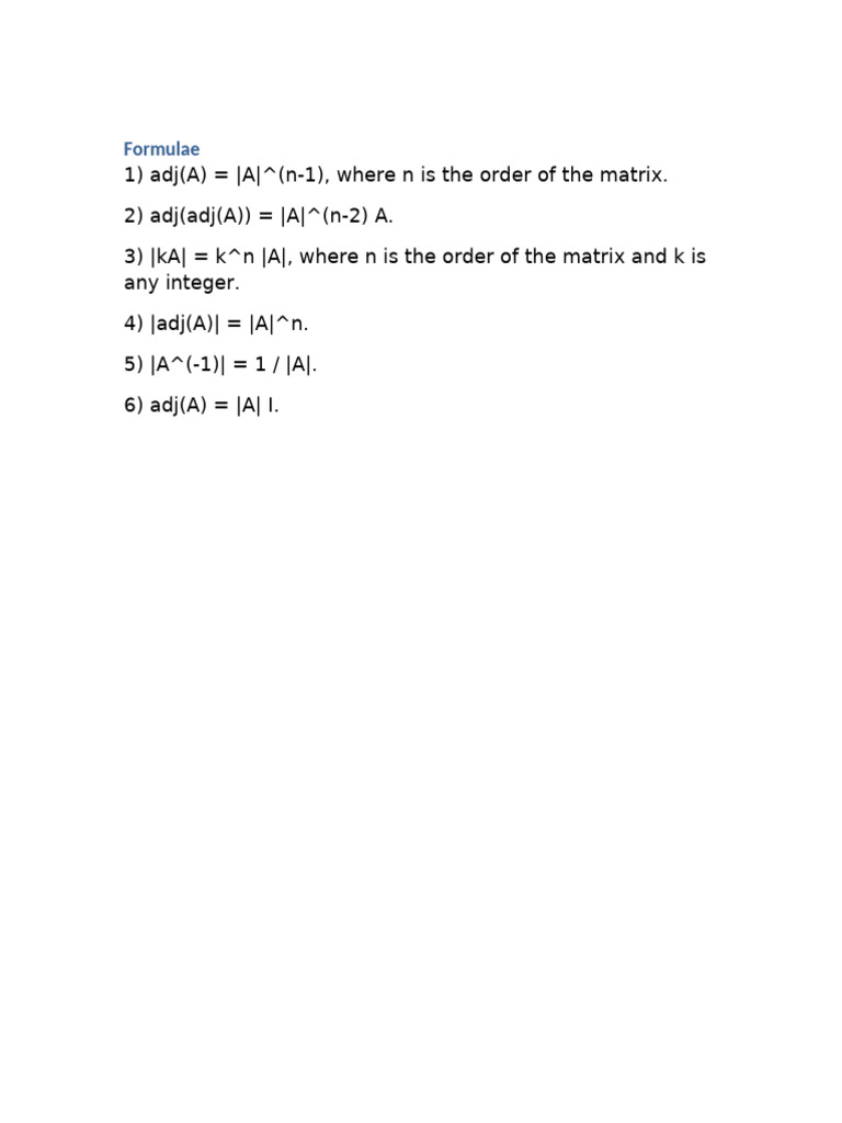 Matrix Adjugate and Determinant Formulae | PDF