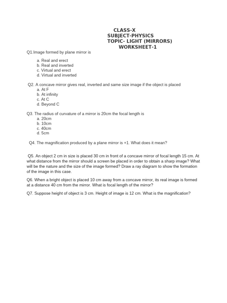 Class 10 Light Worksheet | PDF