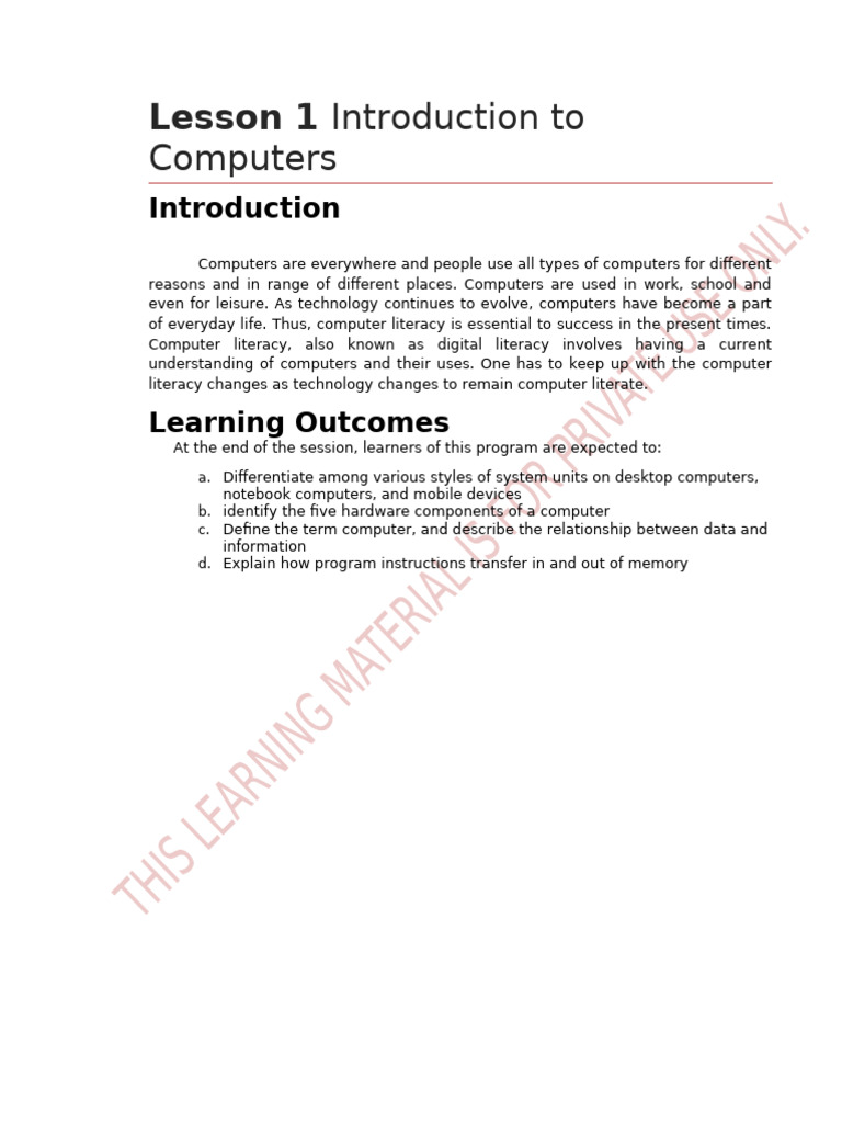 Lesson-1-Introduction-to-Computers | PDF | Graphical User Interfaces | Computer Hardware