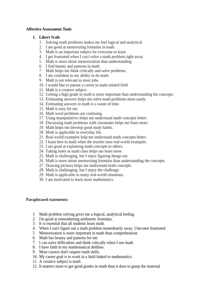 Affective Assessment Tools | PDF | Mathematics | Arithmetic