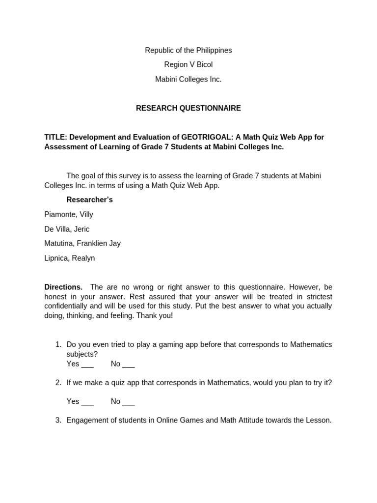 QUESTIONNAIRE | PDF | Mathematics | Learning