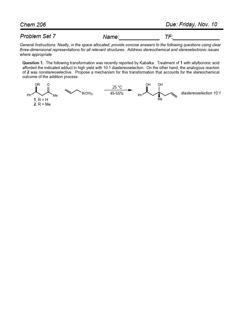 Problem Set 7 Pdf Enantioselective Synthesis Organic Chemistry