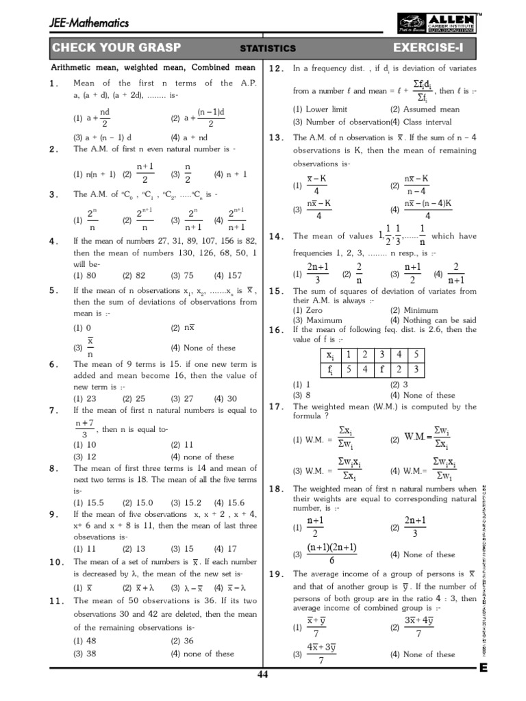 Statistics Exercise Pdf Arithmetic Mean Standard Deviation