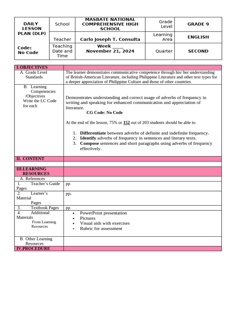 DLP - Adverbs Place. NOT DONE YET | PDF | Learning | Teachers
