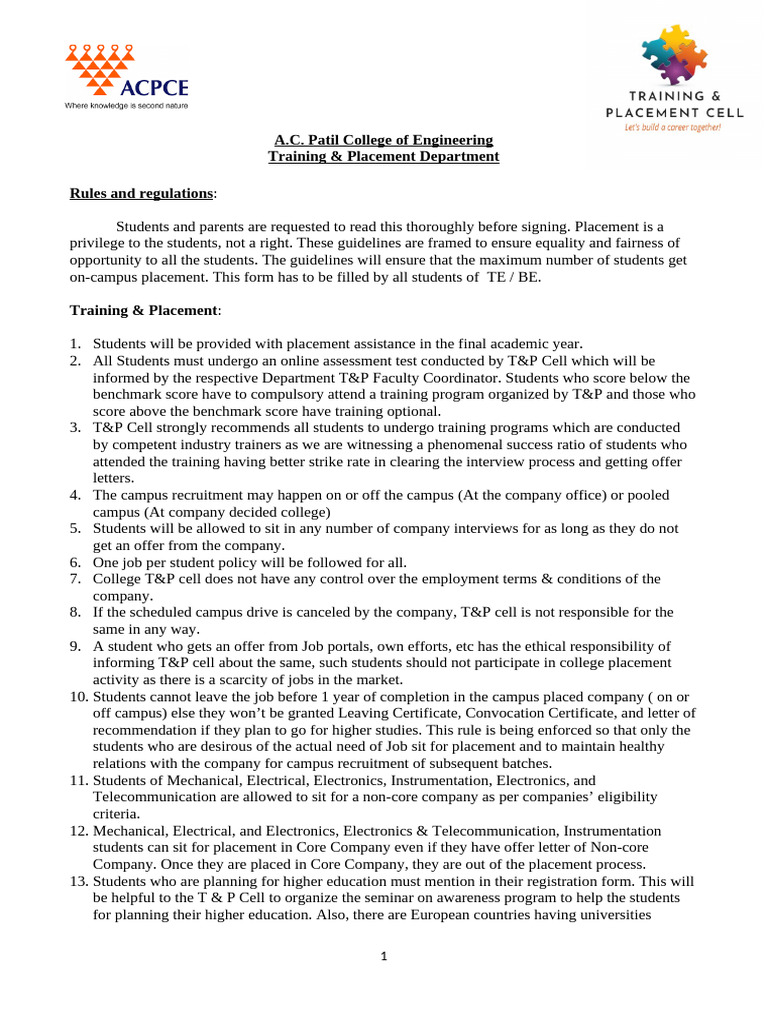 ACPCE Student Undertaking Form 2023 Final | PDF | Employment | Recruitment