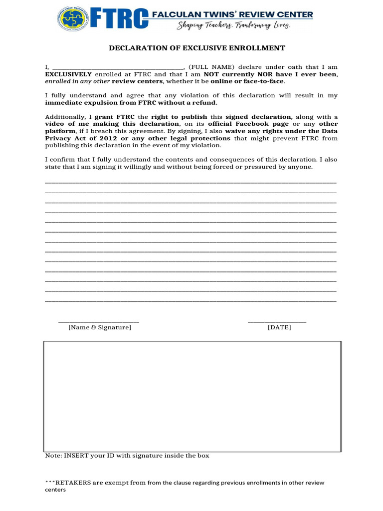FTRC March 2025 DECLARATION OF EXCLUSIVE ENROLLMENT 2 | PDF