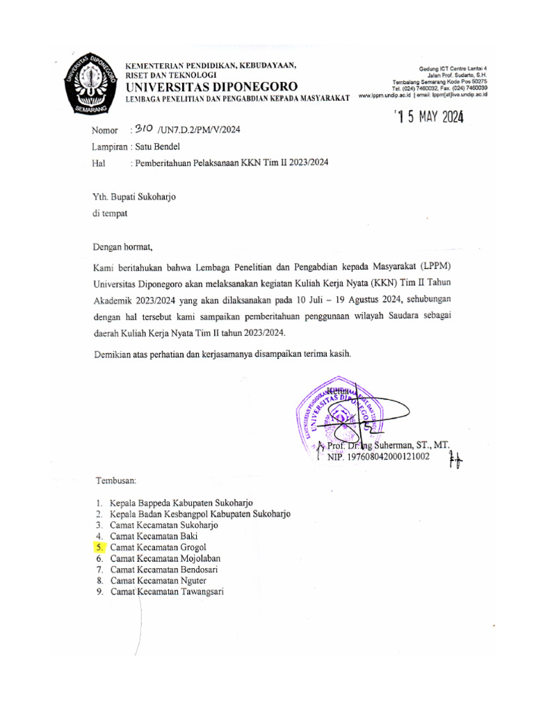 Surat Pemberitahuan Pelaksanaan KKN Tim 2 Undip kepada Bapak Camat ...