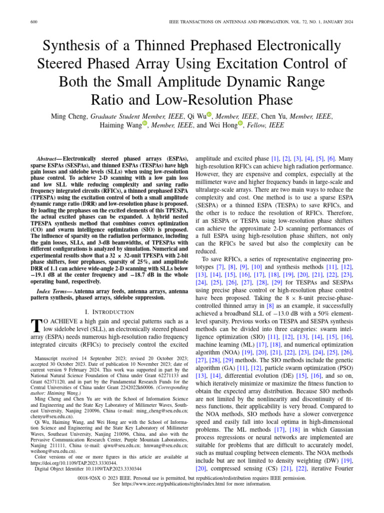 Synthesis of a Thinned Prephased Electronically Steered Phased Array Using Excitation Control of ...