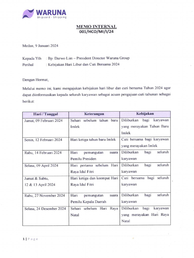 Memo Internal Kebijakan Hari Libur Dan Cuti Bersama 2024 (1) | PDF