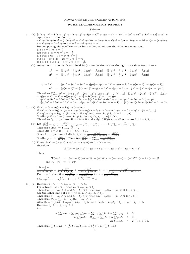 AL Pure Mathematics 1975 Paper 1+2 Suggested Solutions | PDF