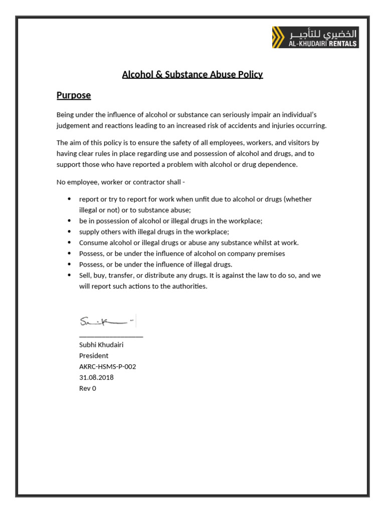Alcohol and Substance Abuse Policy | PDF