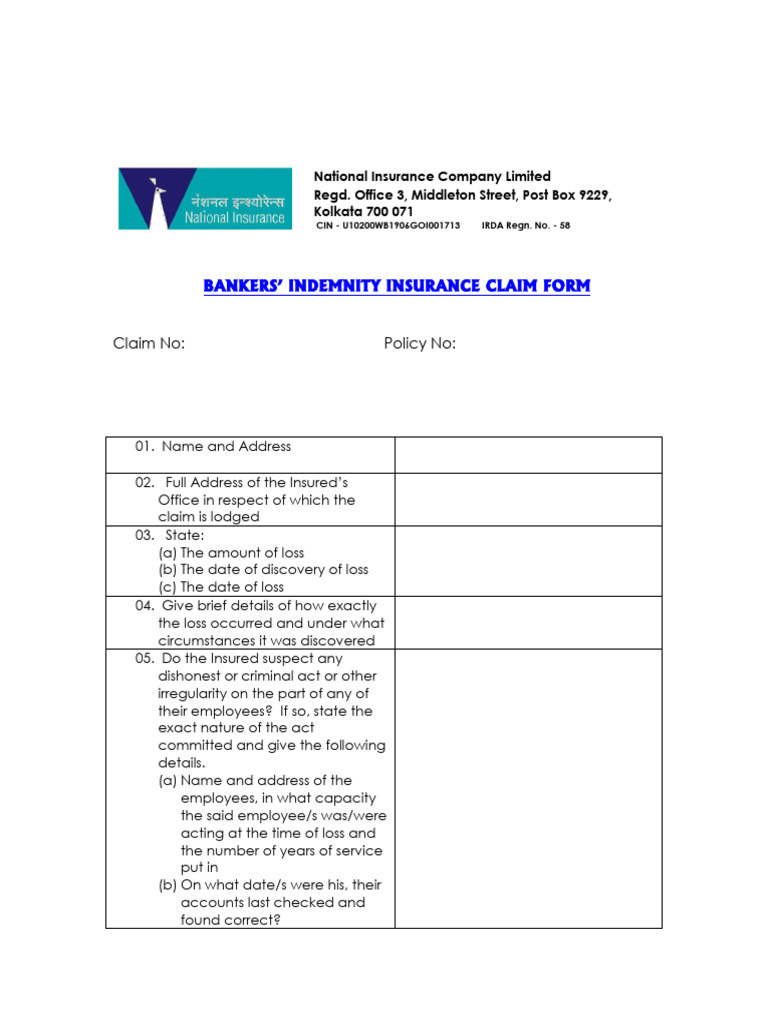Banker Indemnity Claim Form | PDF | Insurance | Burglary