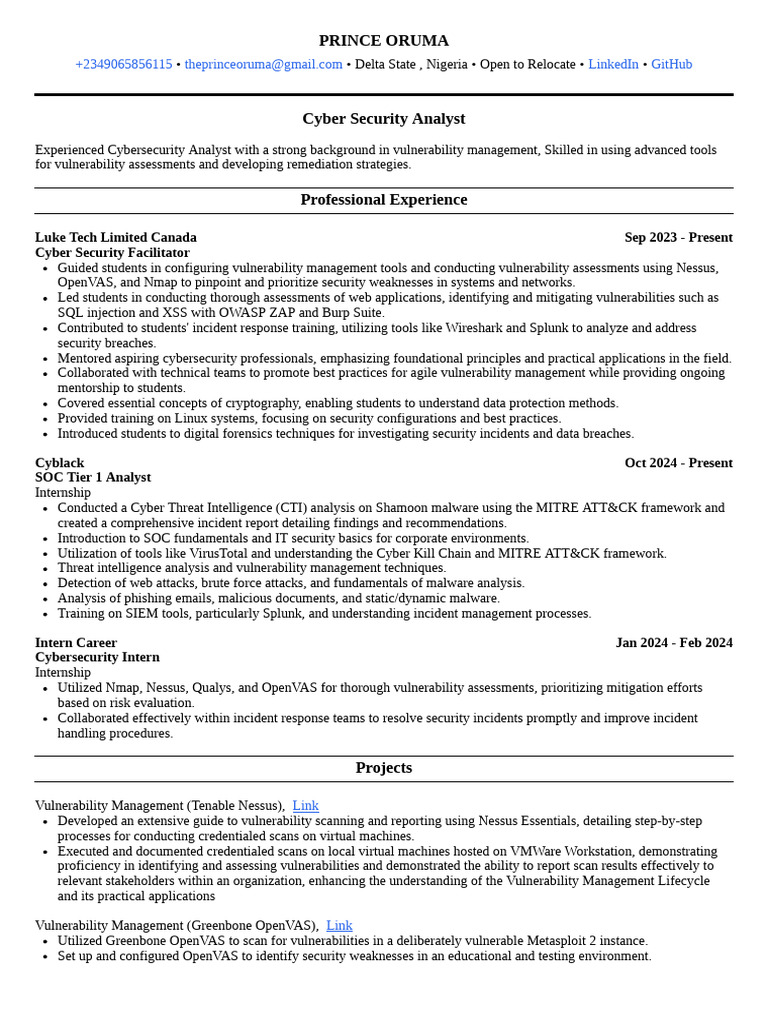 Prince Oruma Resume Oct | PDF | Security | Computer Security