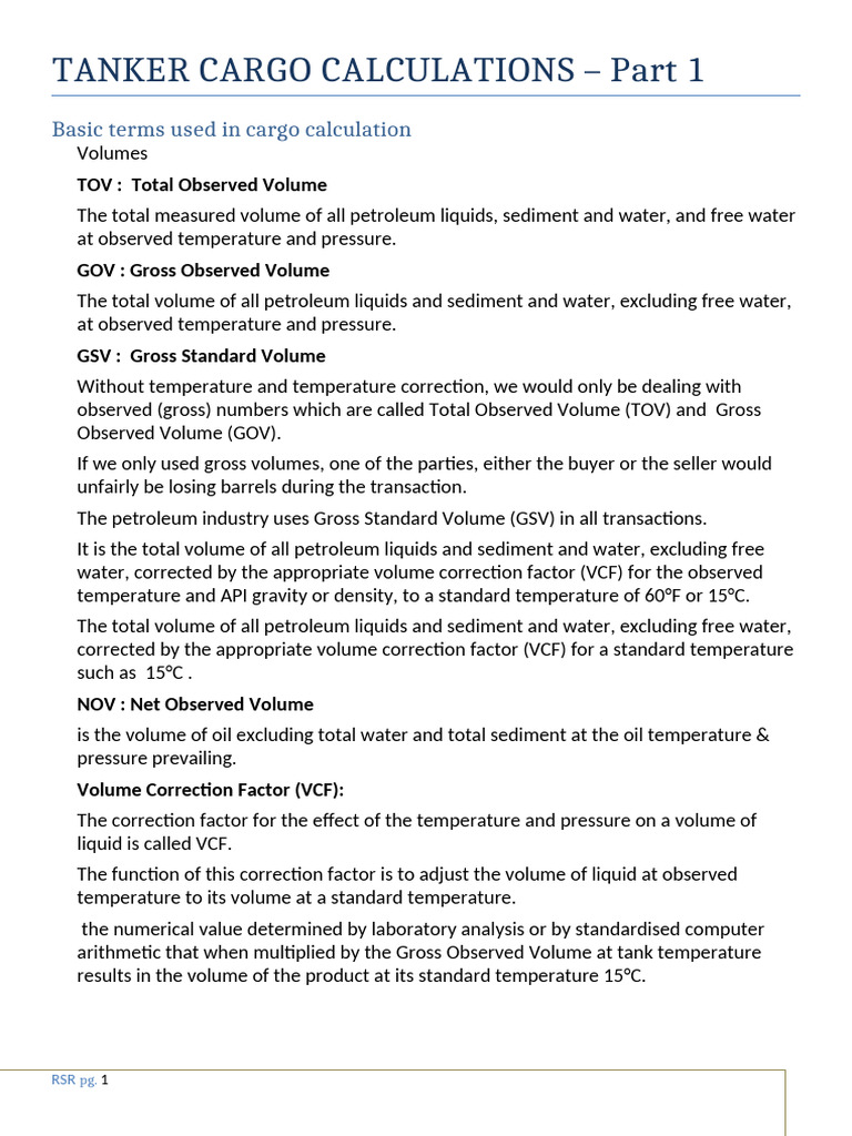Tanker Cargo Calculations Part-1 | PDF | Volume | Density