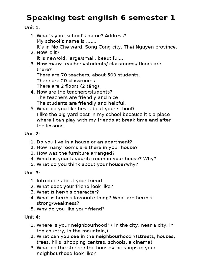 English Speaking Test Guide for Semester 1 | PDF