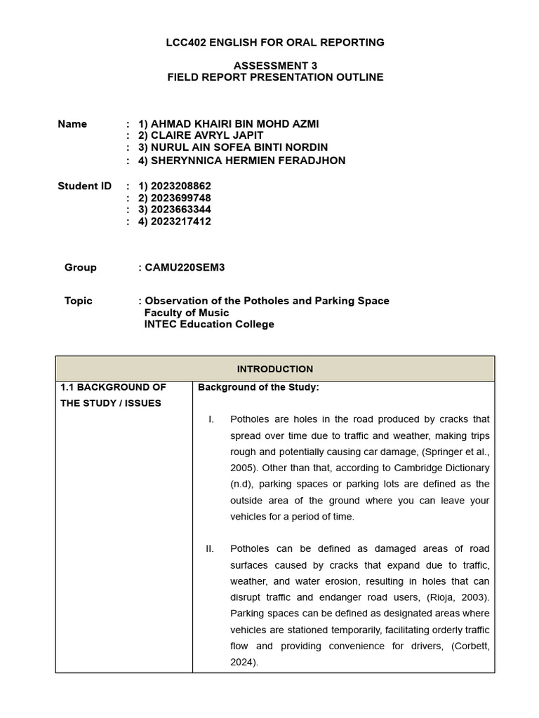 Field Report Outline-Finalised (Group 5) | PDF | Parking | Road