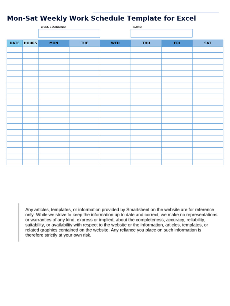 IC Mon Sat Weekly Work Schedule Template For Excel 8581 | PDF