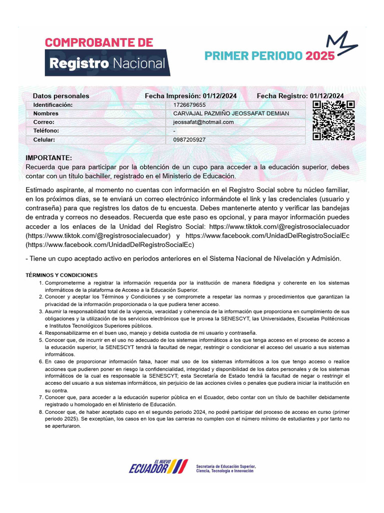 registro senescyt | PDF | Educación más alta | Contraseña