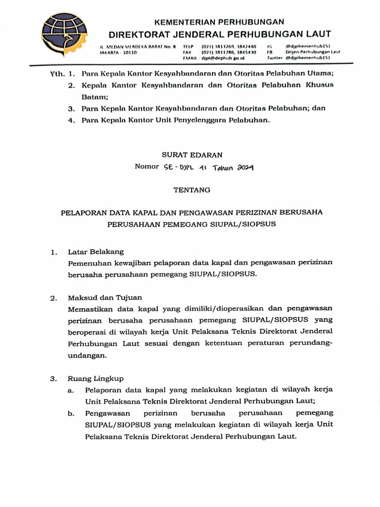 SE DJPL 41 TAHUN 2024 Tentang Pelaporan Data Kapa Dan Pengawasan ...