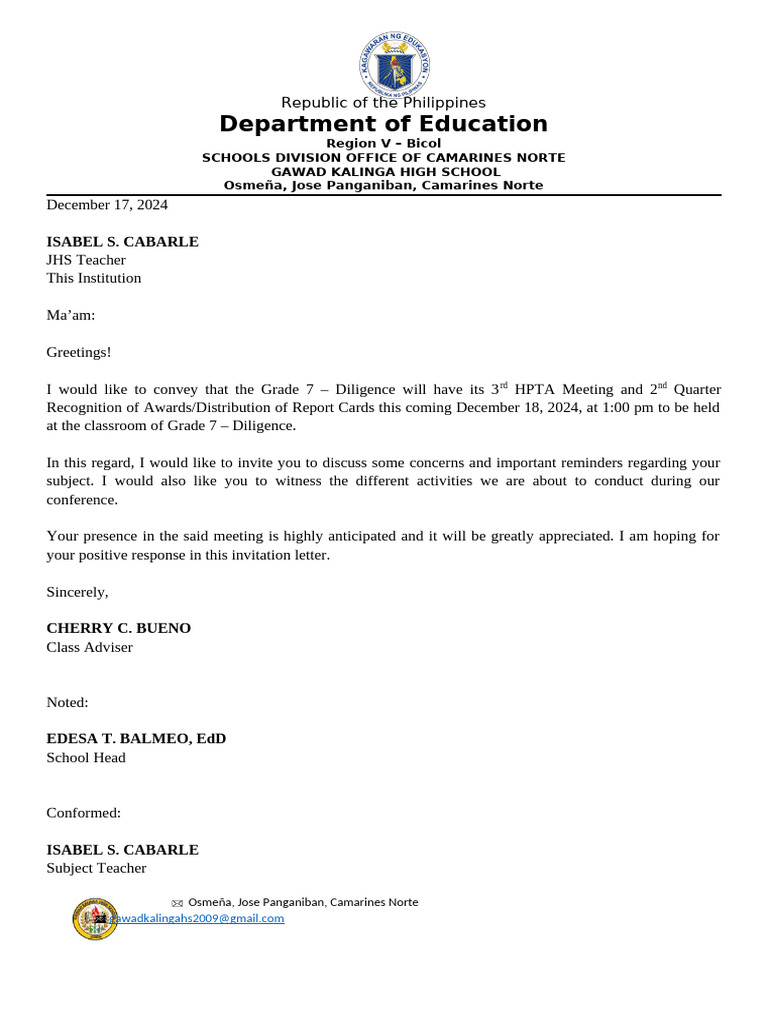 Letter To Subject Teachers | PDF