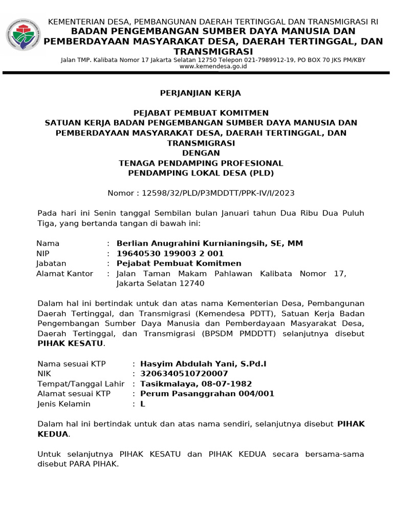 01- SURAT PERJANJIAN KERJA PLD 2023 | PDF