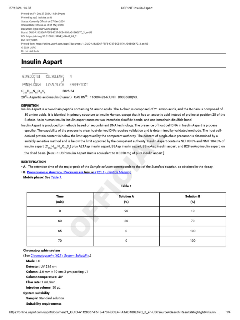 USP-NF Insulin Aspart | PDF | Chromatography | Laboratory Techniques