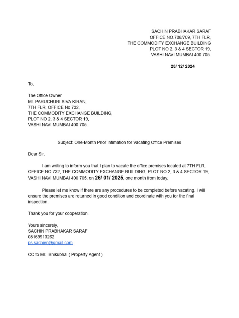 One-Month Prior Intimation For Vacating Office Premises | PDF