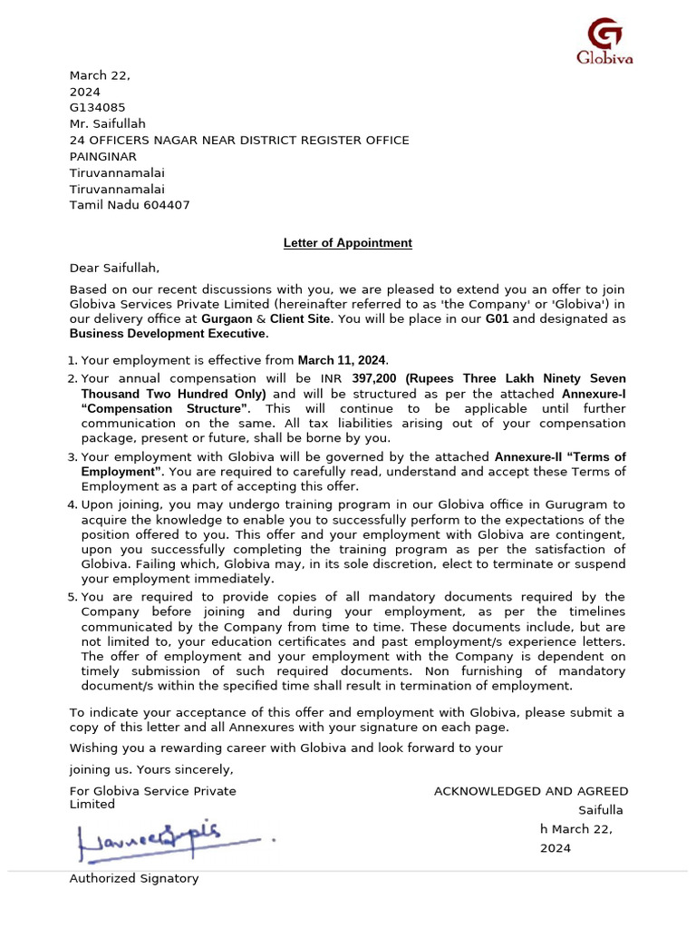 appointment-letter (1) | PDF | Employment | Confidentiality