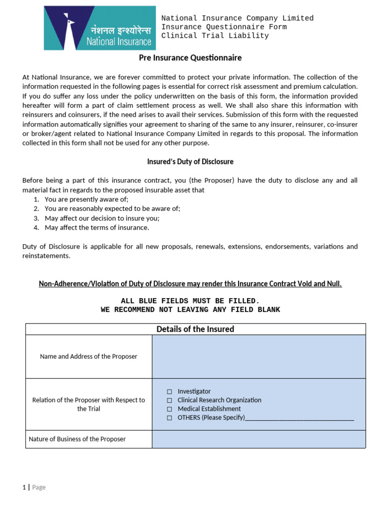 Clinical Trial - Pre Insurance Questionnaire | PDF | Insurance ...