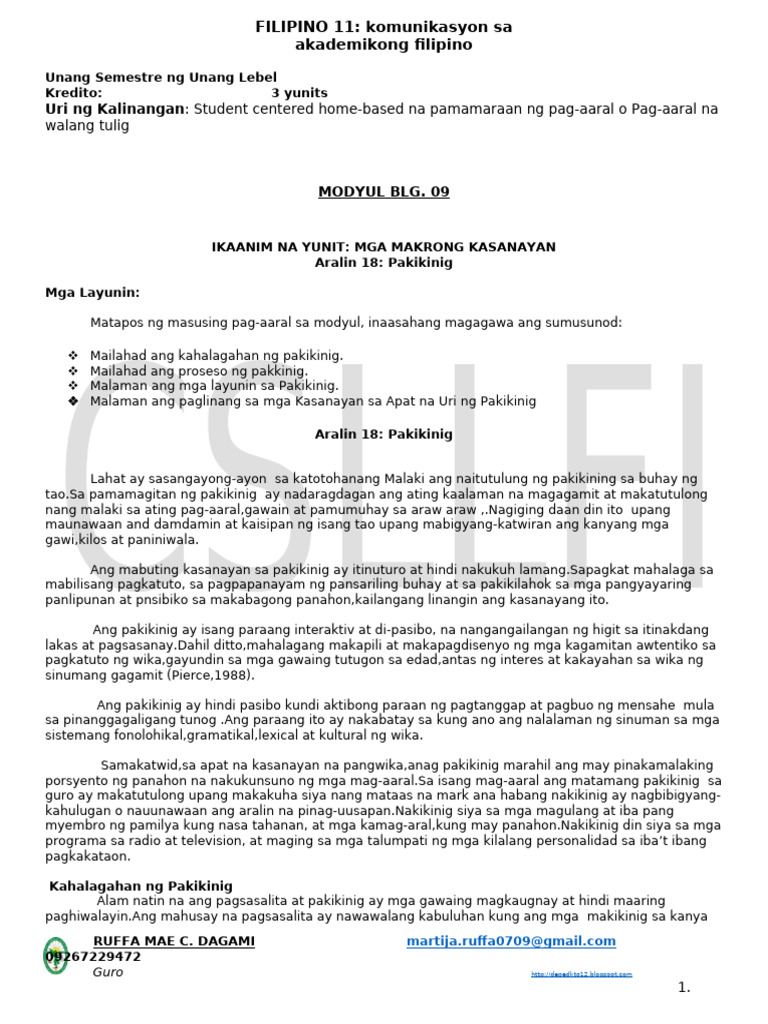 Modyul 9 Filipino 11 Komunikasyon Sa Akademikong Filipino | PDF