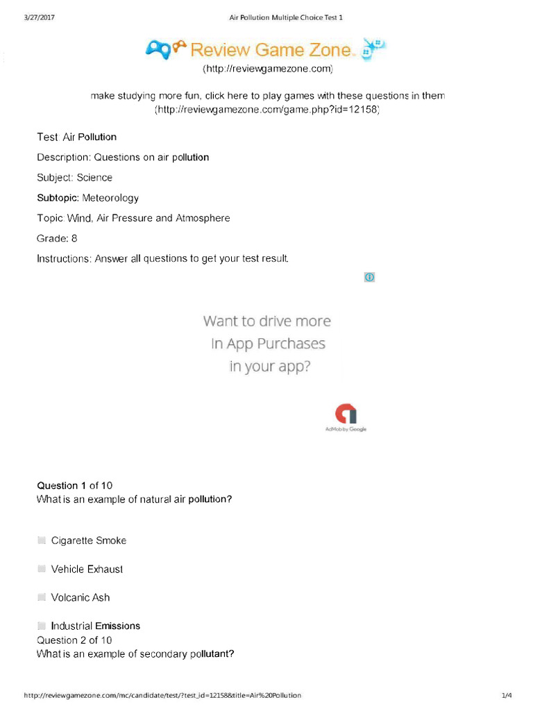 Air Pollution Multiple Choice Test 1 | PDF