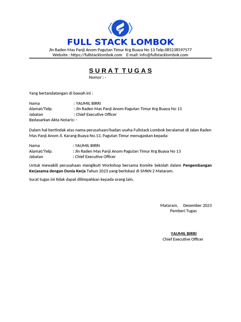 Surat Tugas Full Stack Lombok | PDF