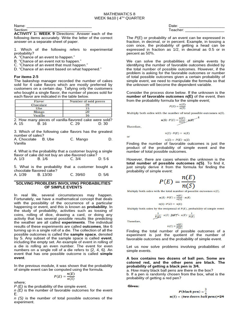 W9 Q4 Modular Mathematics 8 | PDF | Probability | Odds