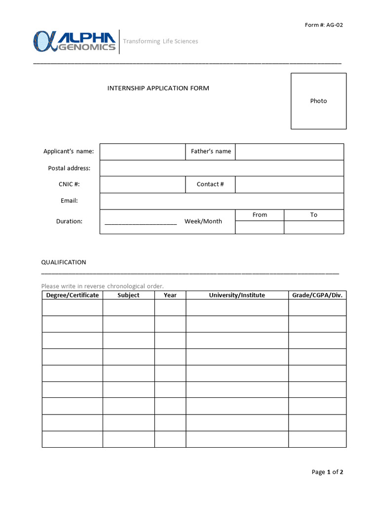 Life Sciences Internship Form | PDF